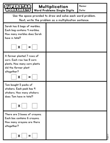 Multiplication Word Problems Worksheets - Superstar Worksheets