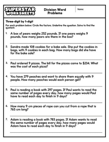 Division Word Problems - Superstar Worksheets