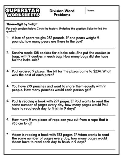 Division Word Problems - Superstar Worksheets