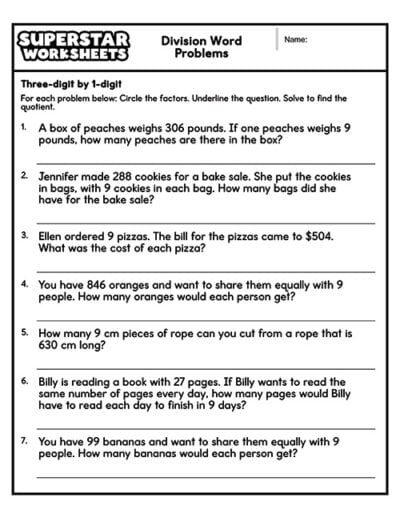 Division Word Problems - Superstar Worksheets