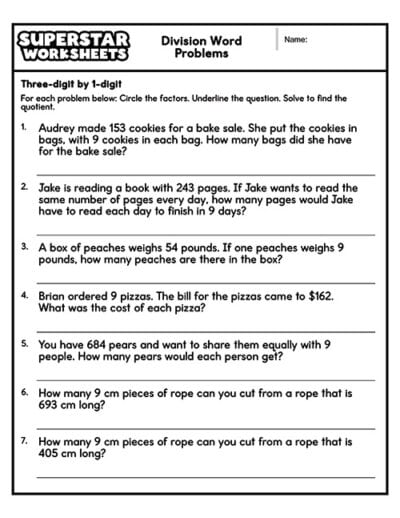Division Word Problems - Superstar Worksheets