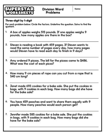 Division Word Problems - Superstar Worksheets
