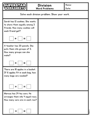 Division Word Problems - Superstar Worksheets