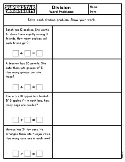 Division Word Problems - Superstar Worksheets