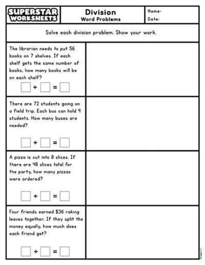 Division Word Problems - Superstar Worksheets