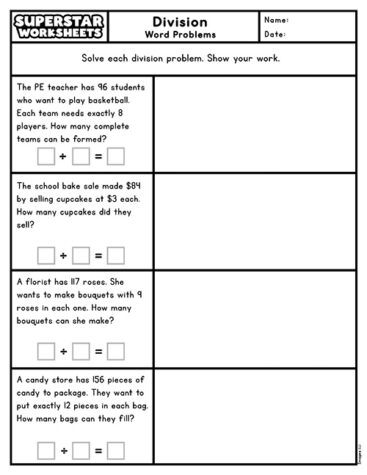 Division Word Problems - Superstar Worksheets