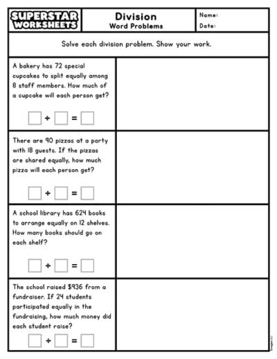 Division Word Problems - Superstar Worksheets