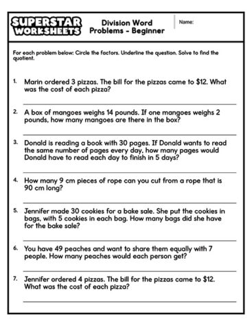 Division Word Problems - Superstar Worksheets