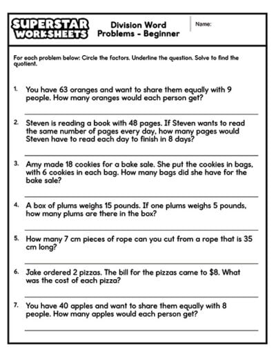 Division Word Problems - Superstar Worksheets