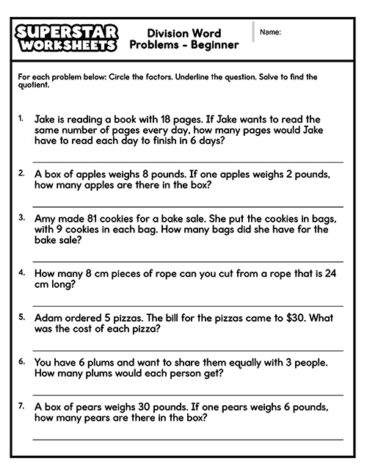 Division Word Problems - Superstar Worksheets