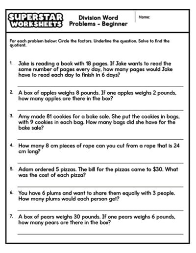 Division Word Problems - Superstar Worksheets