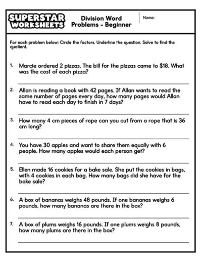 Division Word Problems - Superstar Worksheets