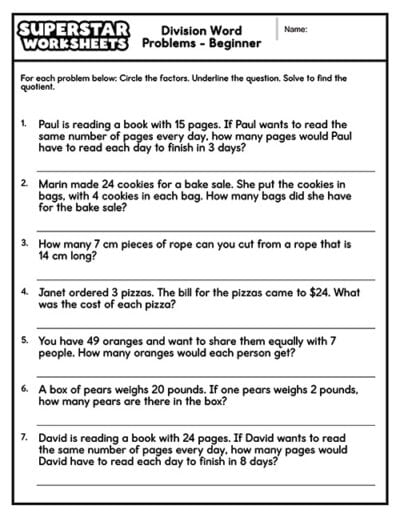 Division Word Problems - Superstar Worksheets