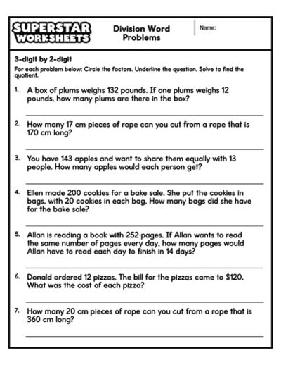 Division Word Problems - Superstar Worksheets