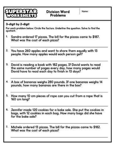 Division Word Problems - Superstar Worksheets