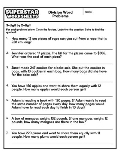 Division Word Problems - Superstar Worksheets