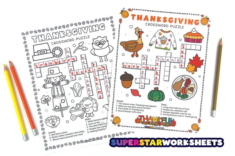 Thanksgiving Crossword Puzzles - Superstar Worksheets