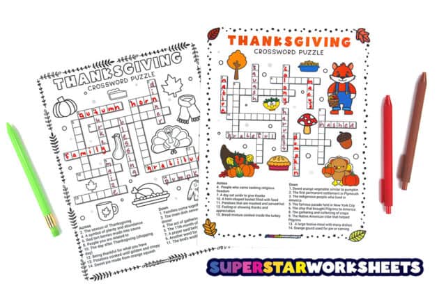 Thanksgiving Crossword Puzzles - Superstar Worksheets