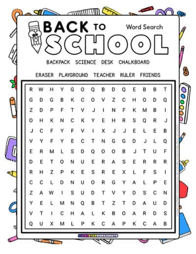 Back to School Word Search (Free Printables) - Superstar Worksheets