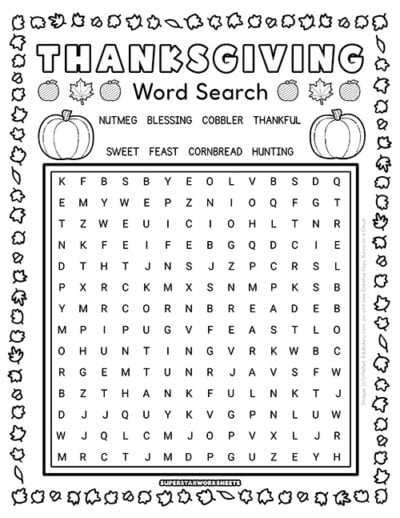 Thanksgiving Word Search (Free Printables) - Superstar Worksheets
