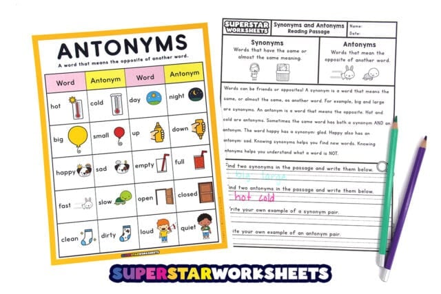 Synonyms and Antonyms Worksheets (Free Printables) - Superstar Worksheets