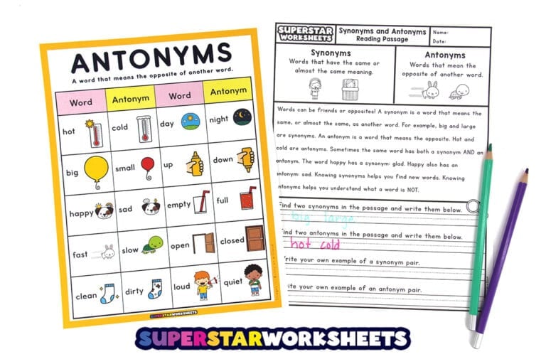 Synonyms and Antonyms Worksheets (Free Printables) - Superstar Worksheets