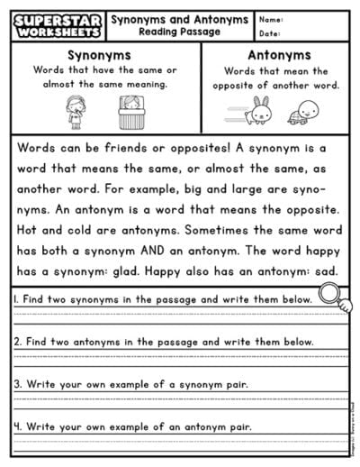 Synonyms and Antonyms Worksheets (Free Printables) - Superstar Worksheets